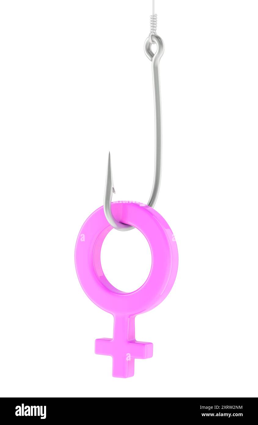 Pink female gender symbol on the fishing hook, 3D rendering isolated on ...