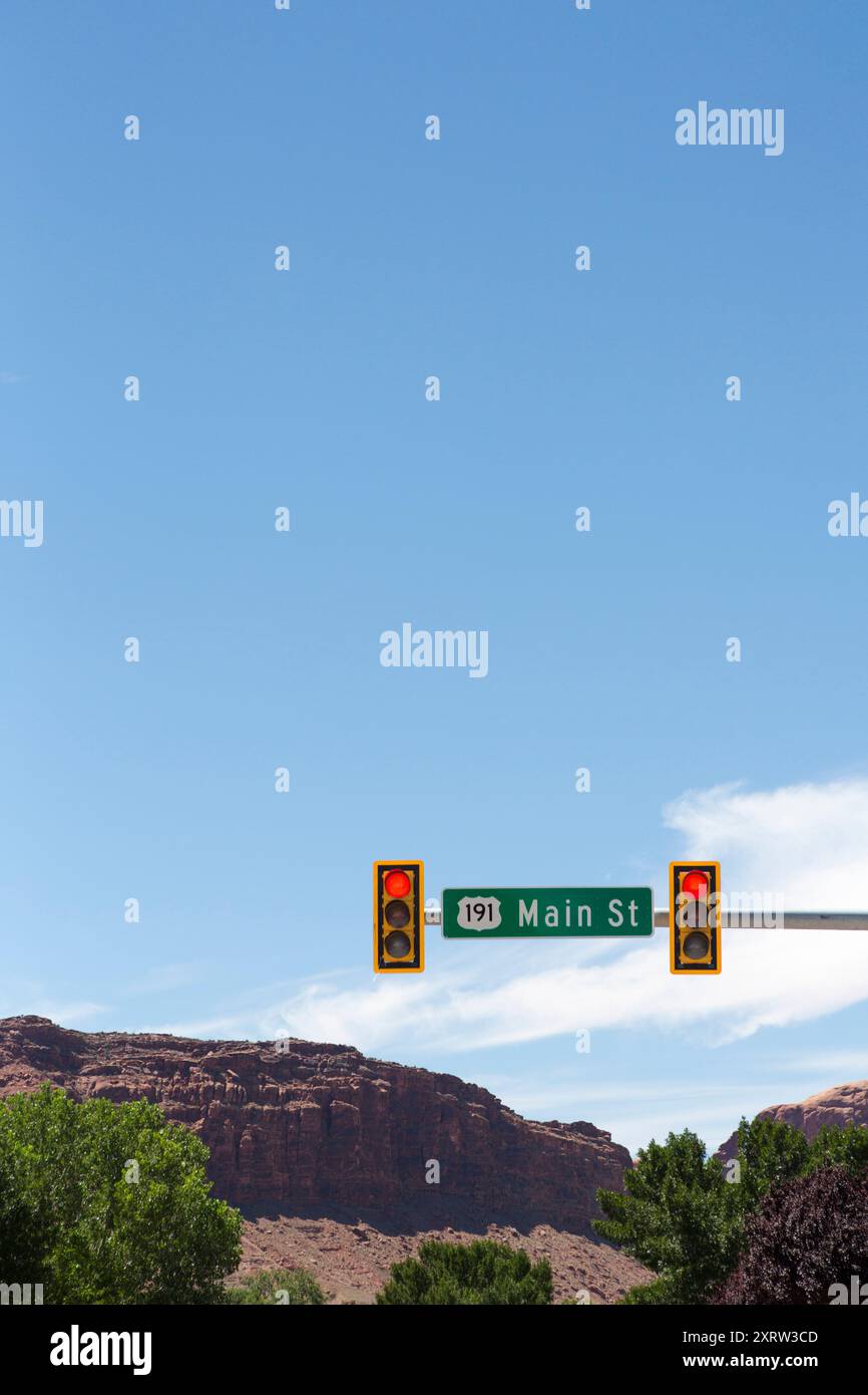 Street scene in Mohab, Utah, USA, with overhead traffic lights set ...
