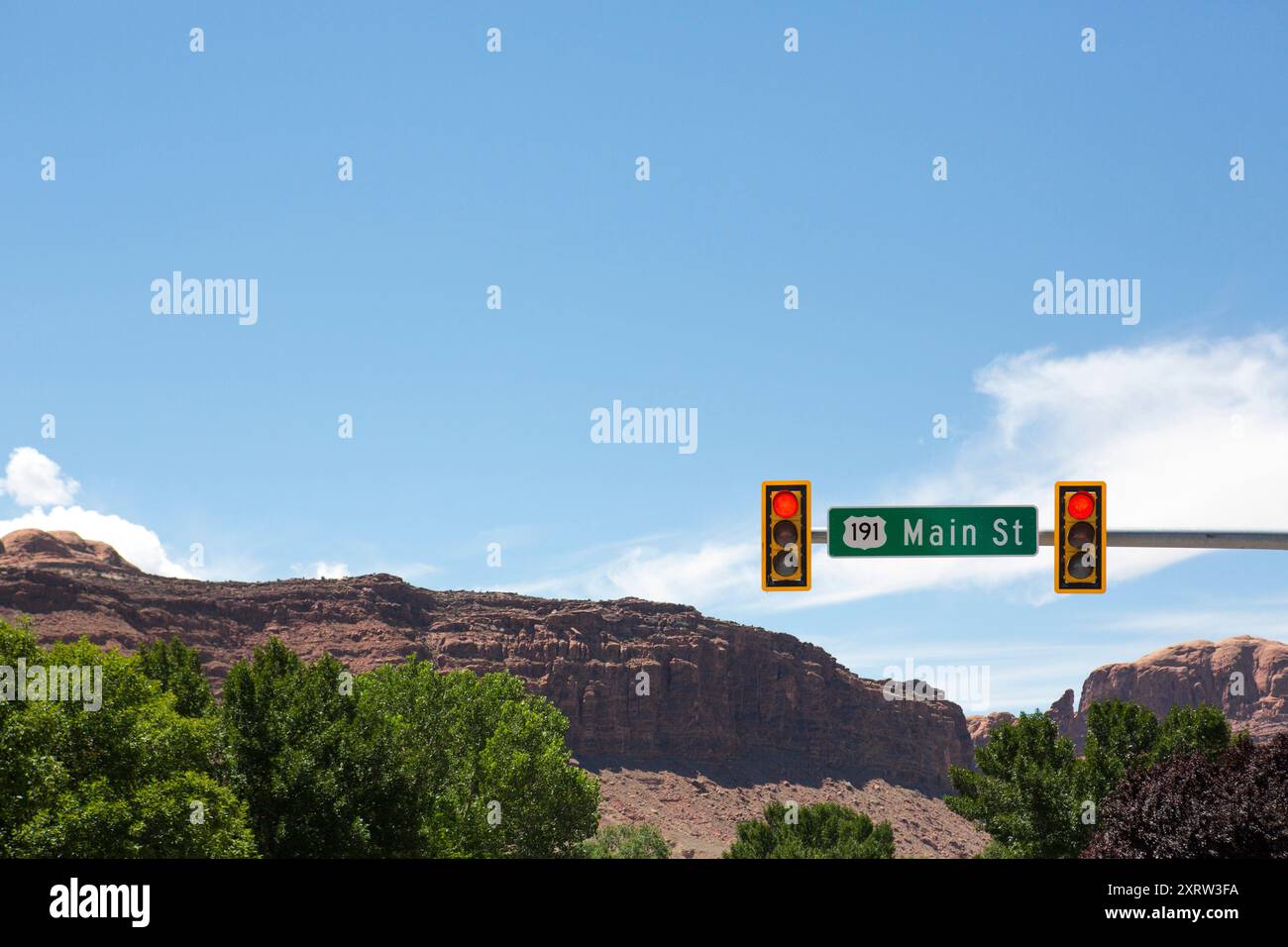 Street scene in Mohab, Utah, USA, with overhead traffic lights set ...