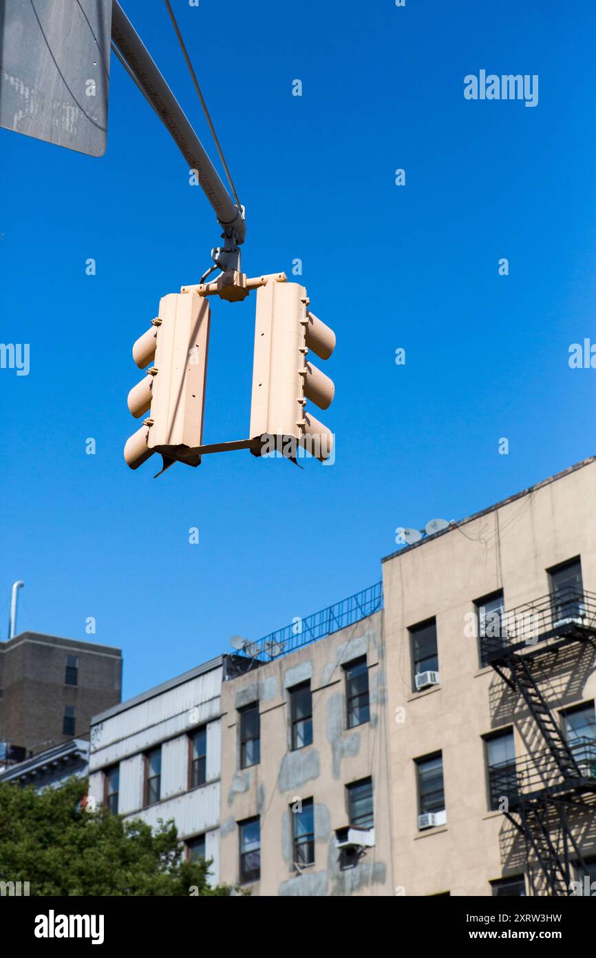 New york city architecture, street scene with overhead traffic lights ...