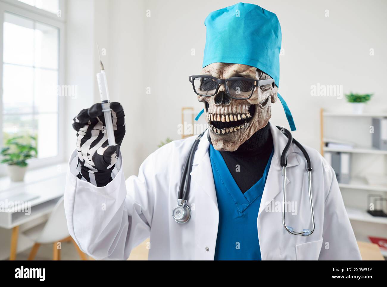 Evil doctor in skeleton mask holds syringe implying that vaccination can pose health risks Stock ...