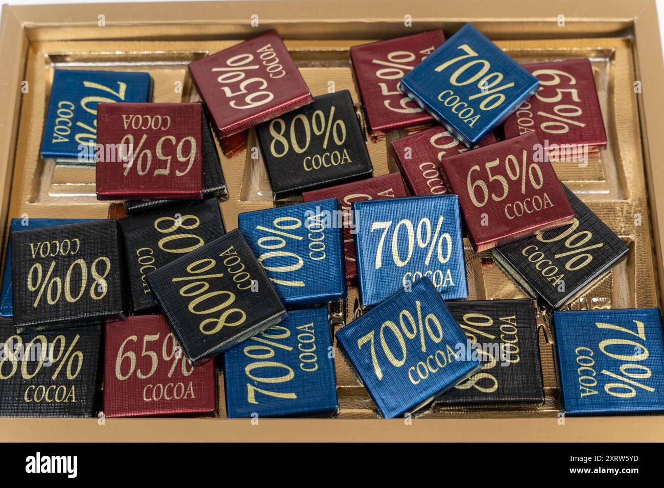 Box of dark chocolate squares marked with cocoa percentage Stock Photo ...