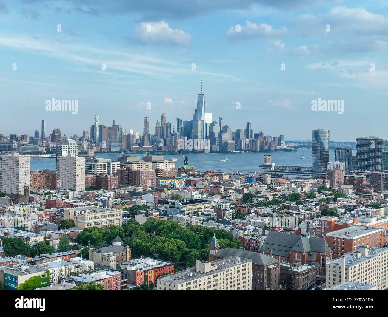 Aerial View of Hoboken downtown and Manhattan Skyline on the background ...