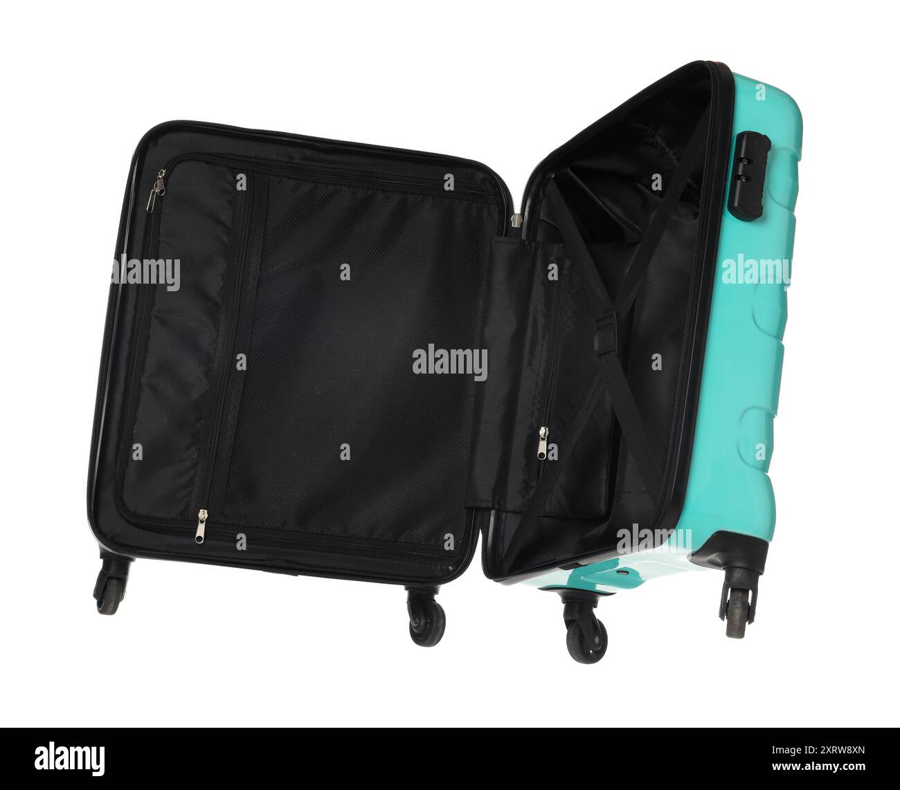 Open empty suitcase for travelling in air isolated on white Stock Photo ...