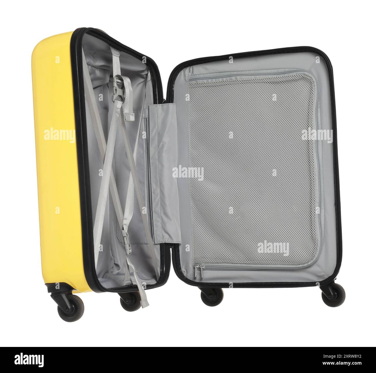 Open empty suitcase for travelling in air isolated on white Stock Photo ...