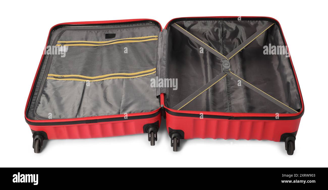 Open empty suitcase for travelling isolated on white Stock Photo - Alamy