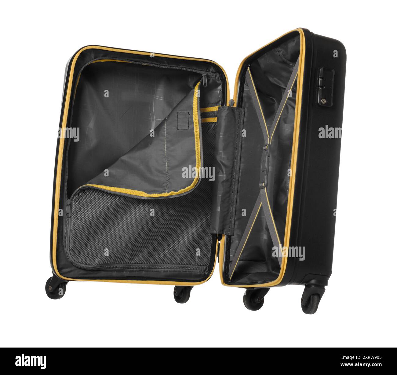 Open empty suitcase for travelling in air isolated on white Stock Photo ...