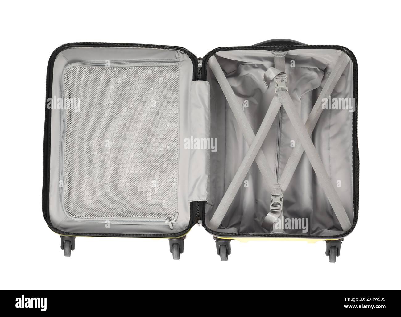 Open empty suitcase for travelling isolated on white, top view Stock ...