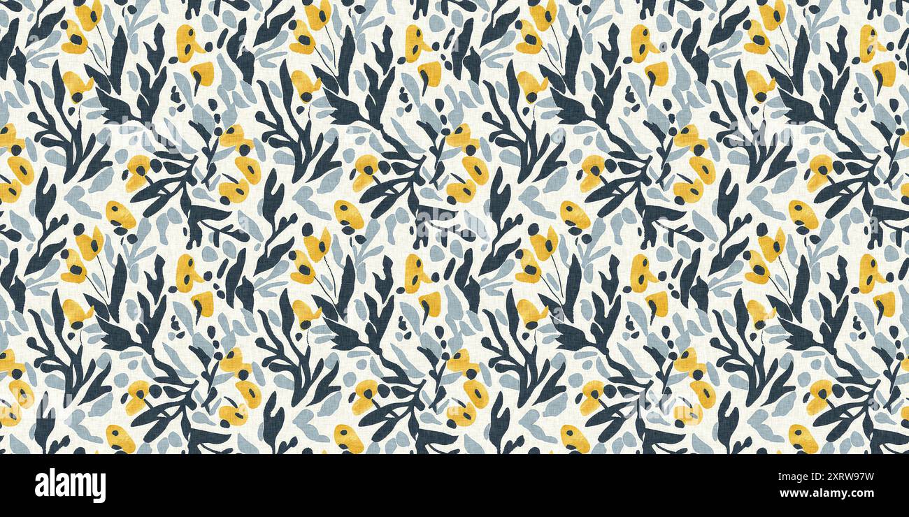 Modern printed fabric flower block print pattern with linen texture ...