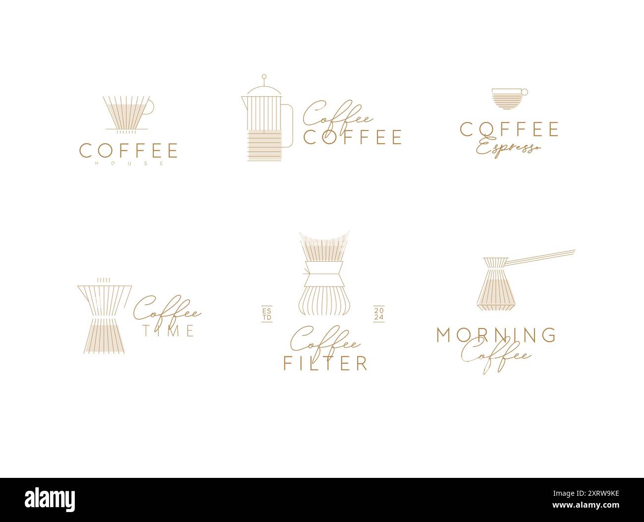 Coffee linear labels with lettering cup, glass, french press, maker ...
