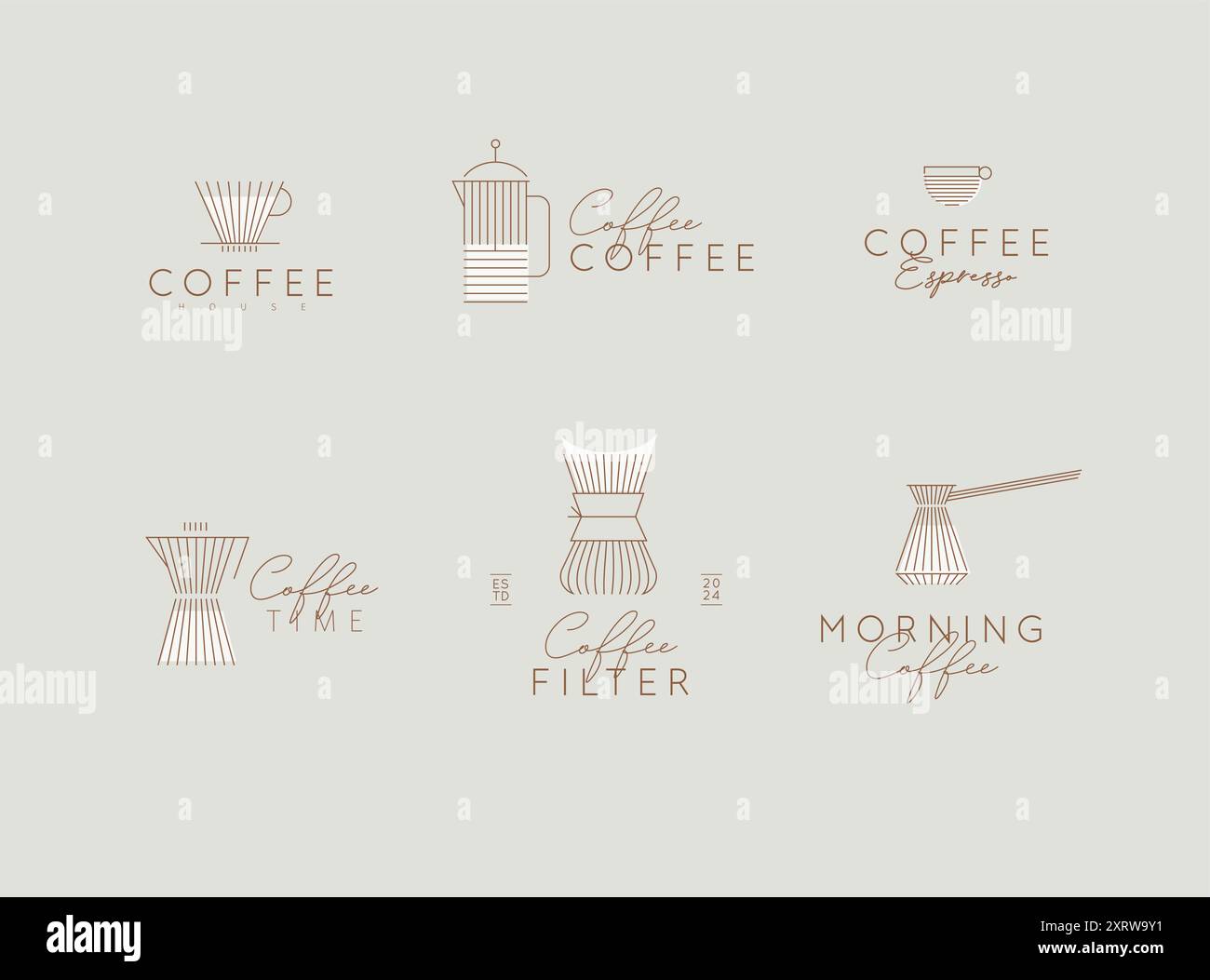 Coffee linear labels with lettering cup, glass, french press, maker ...