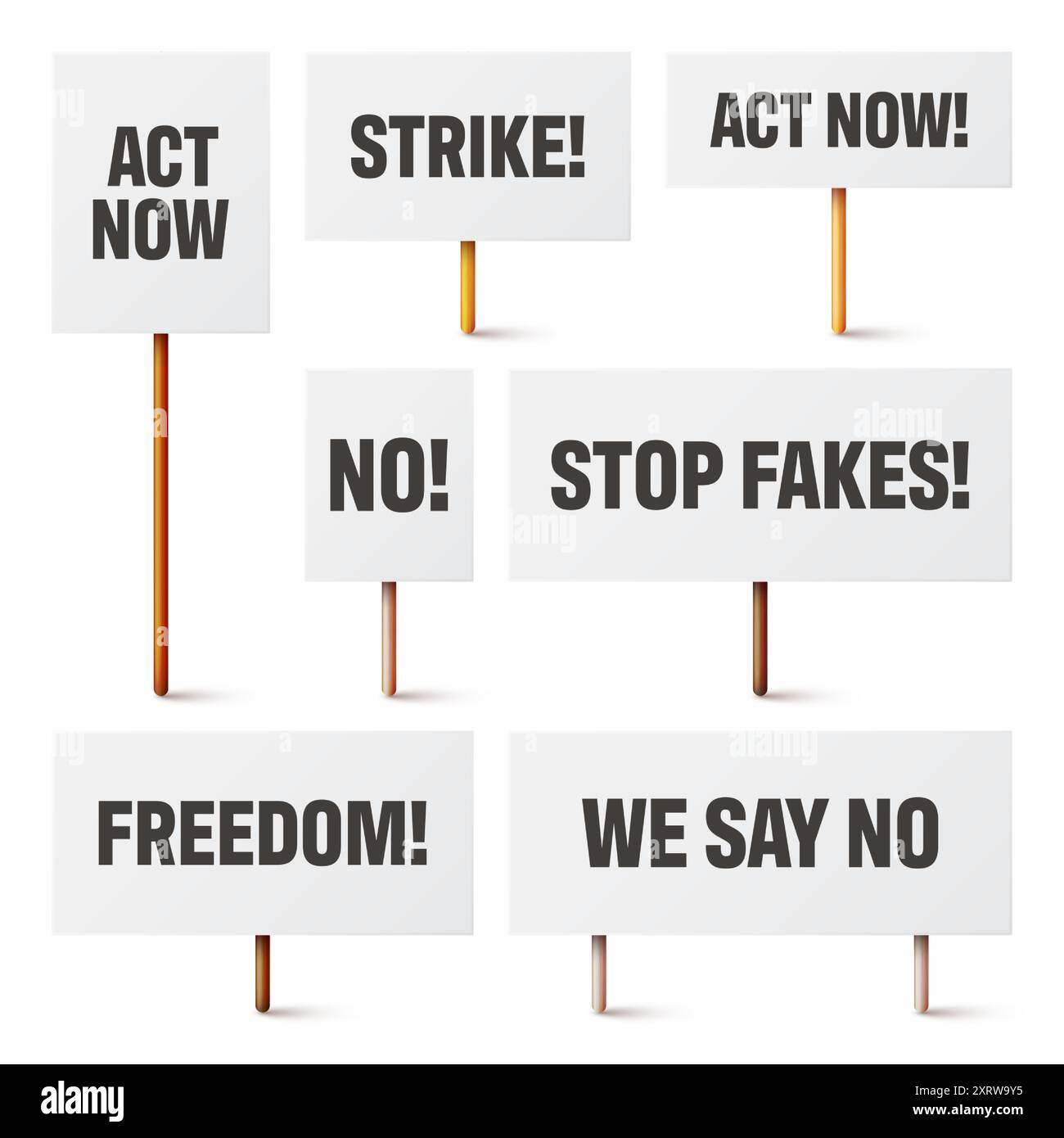 Blank white protest signs with text slogans on wooden holder. Various ...