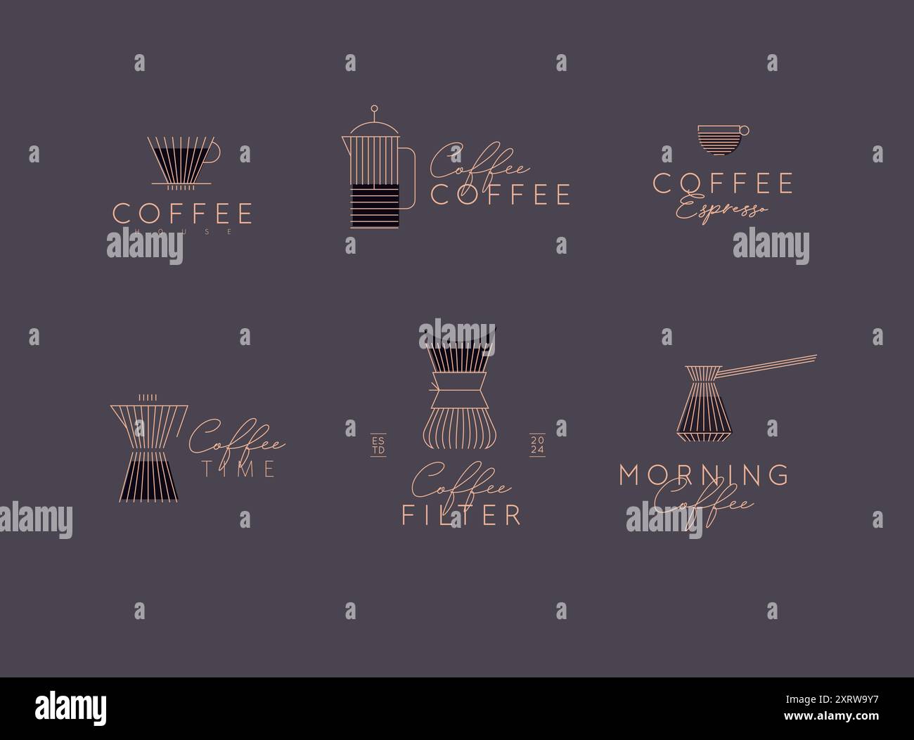Coffee linear labels with lettering cup, glass, french press, maker ...