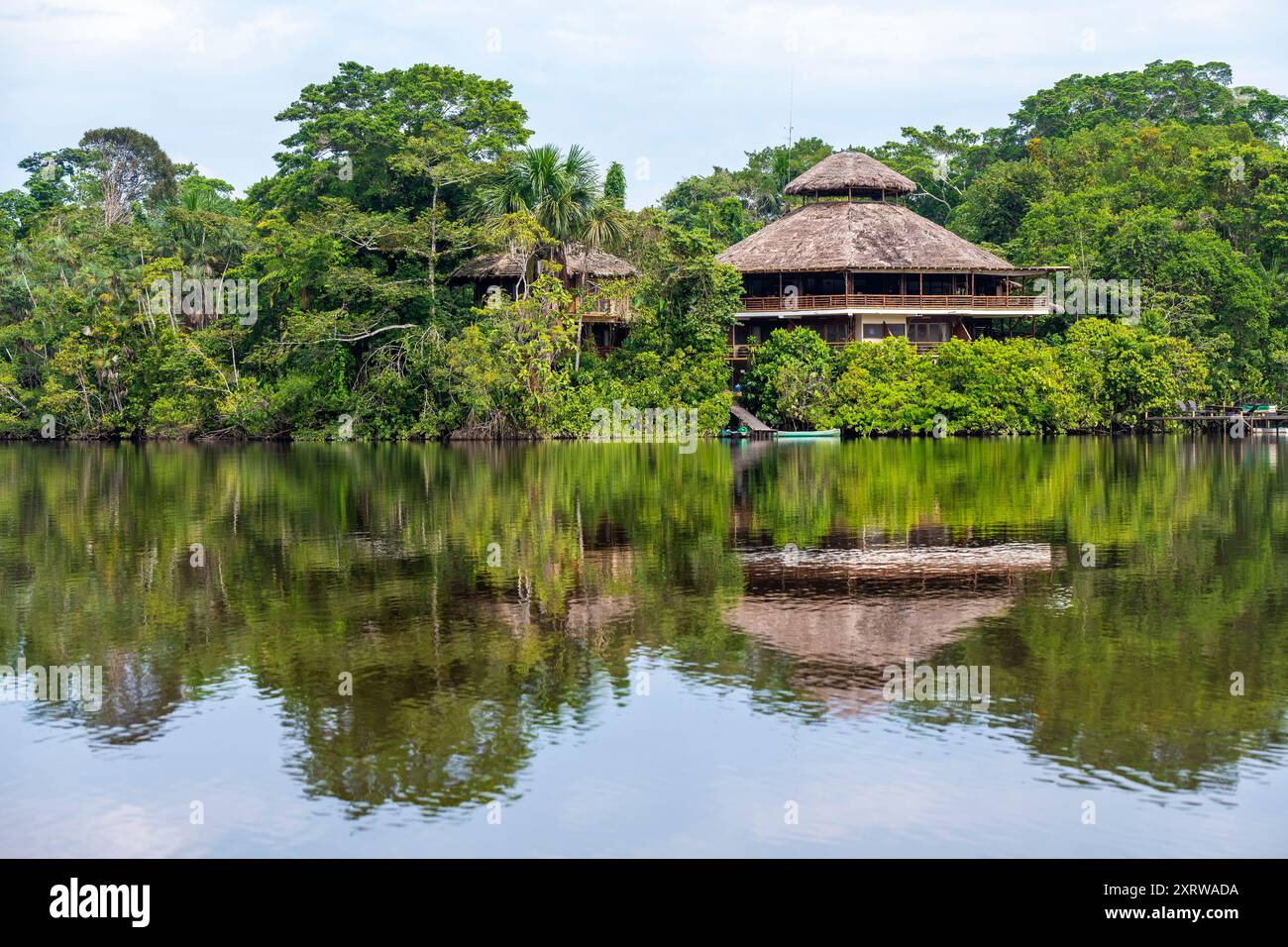 Amazon rainforest lodge reflection, Yasuni national park, Ecuador Stock ...