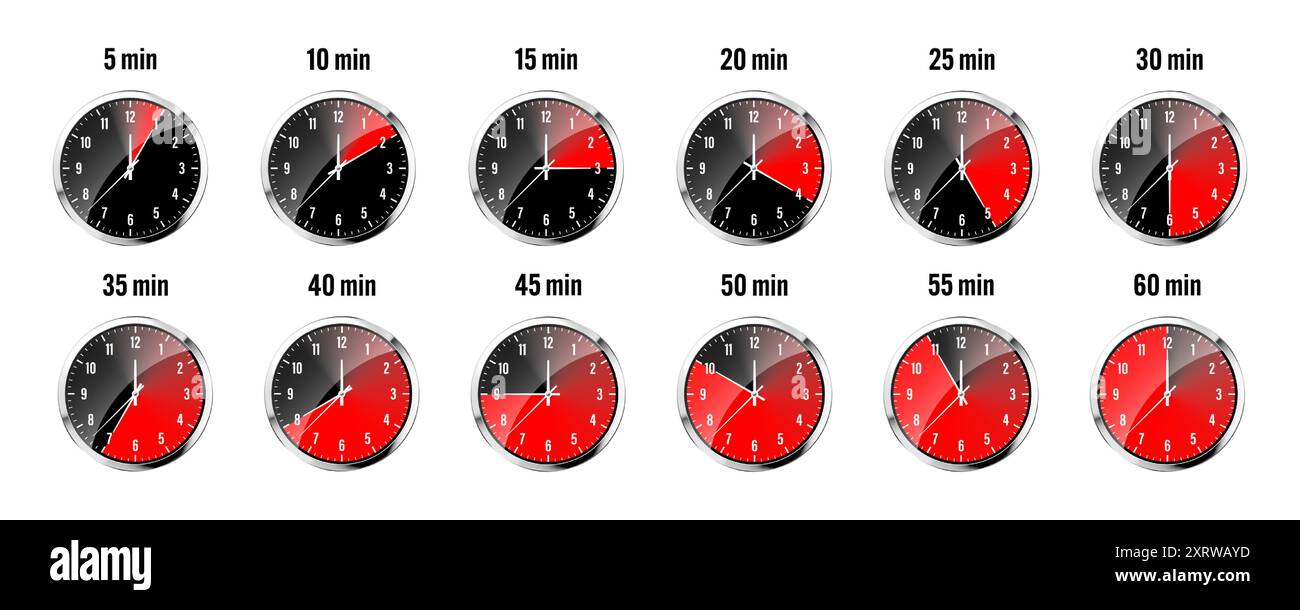 Wall clock, stopwatch icons. Shiny metal chronometer, time counter with ...