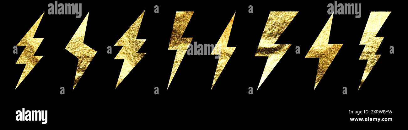 Golden lightning bolt icons collection. Gold foil texture. Flash symbol ...