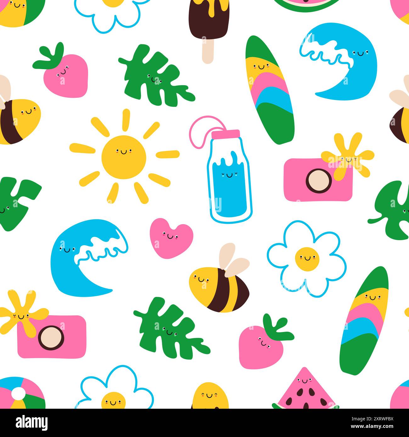 Summer doodle characters seamless pattern vector illustration Stock ...