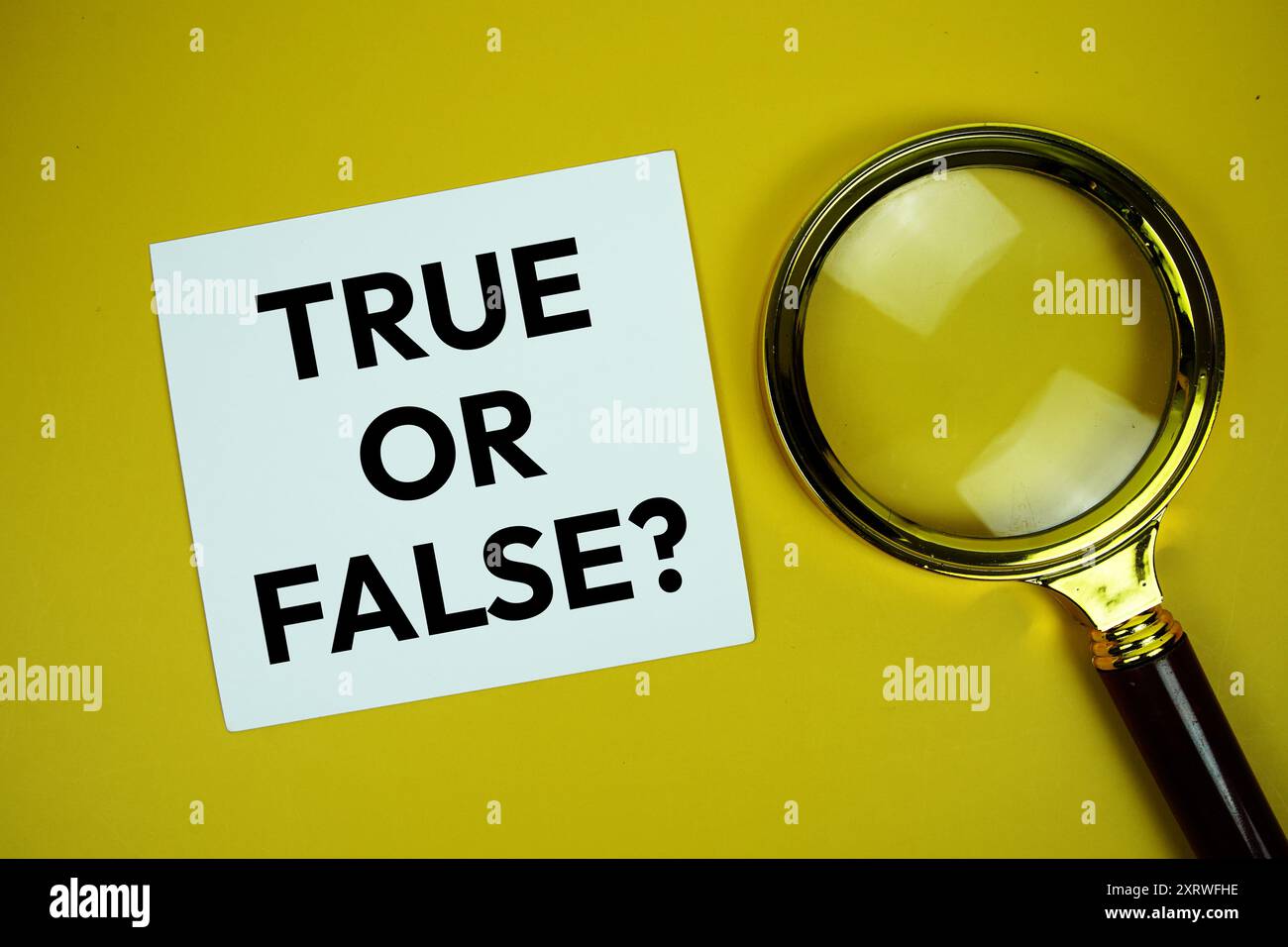 True or False text message written on paper note with magnifying glass ...