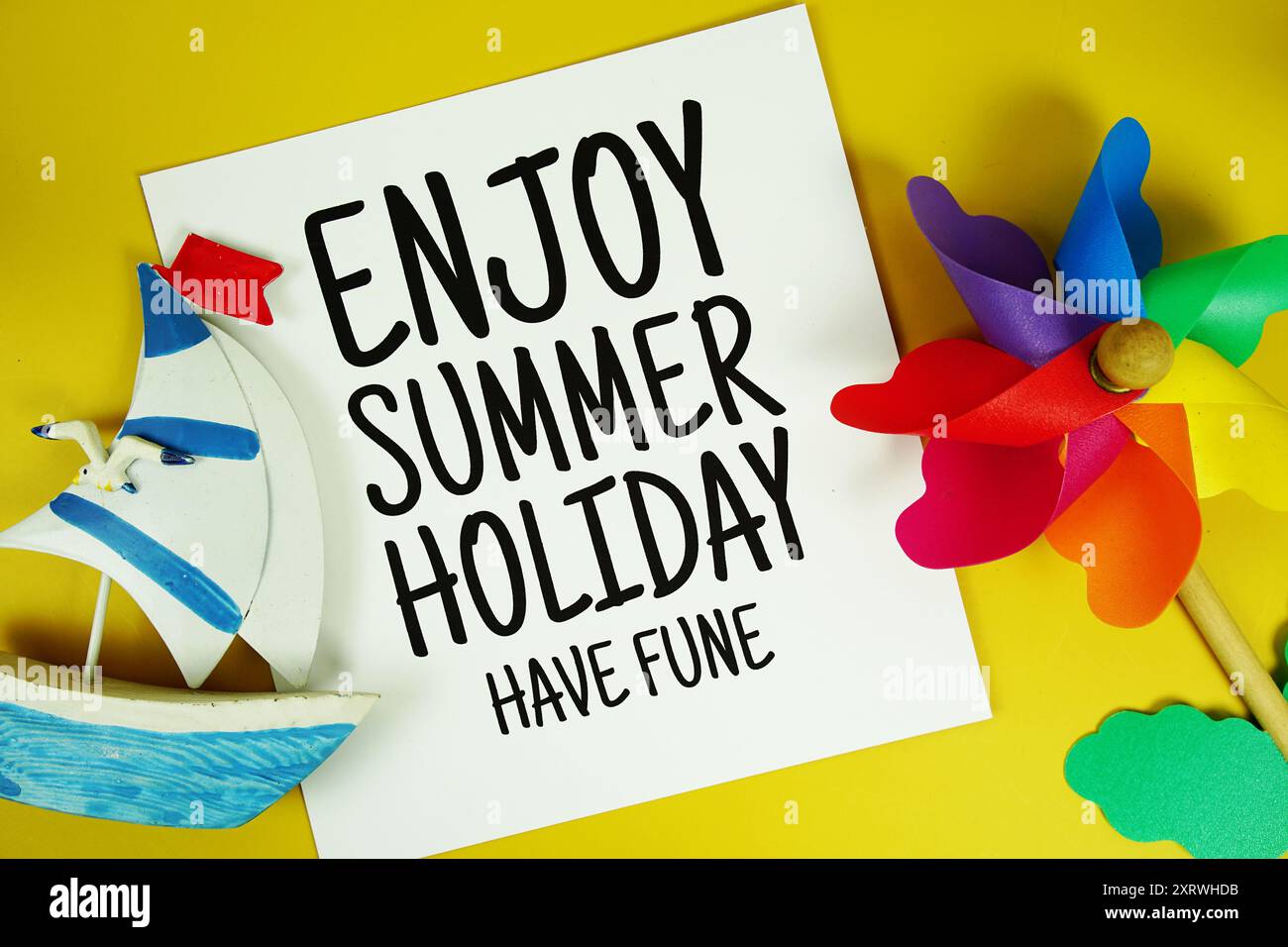 Enjoy Summer Holiday text on paper card with marine items decorative ...