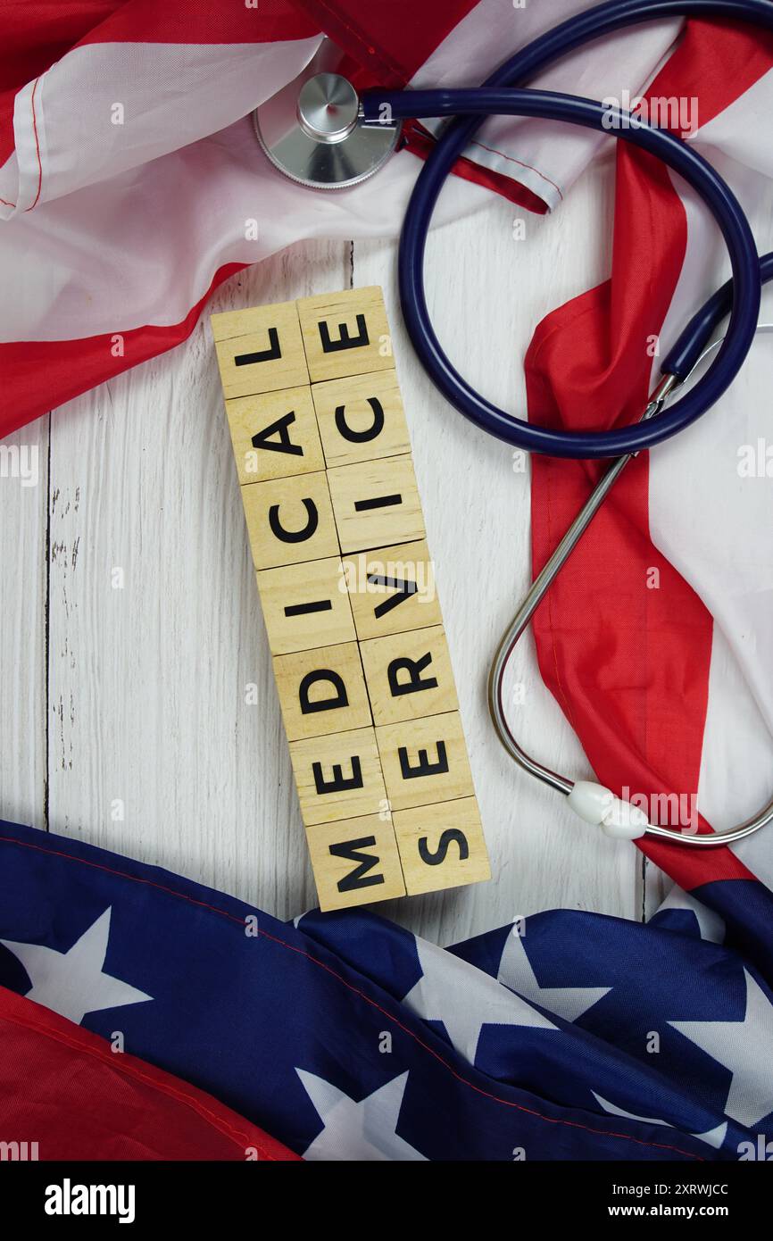 Medical Service alphabet letters with USA flag on wooden background ...