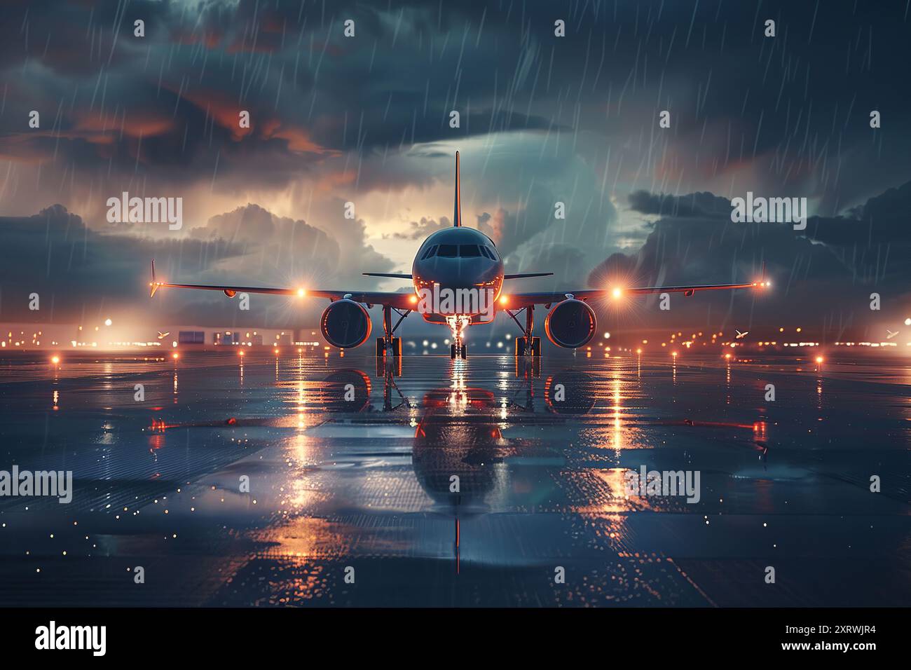 A jet plane stands on the runway amidst the rain - dangerous flight and ...
