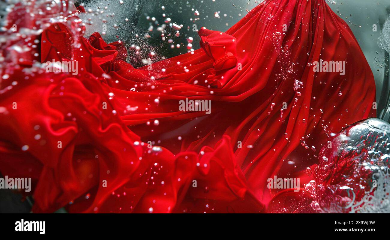 Red dress inside a washing machine drum, captured from an inside ...