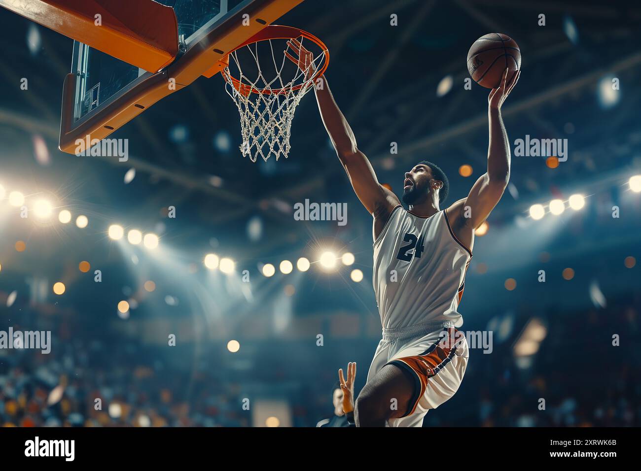 Basketball professional team player running scoring ball over the hoop ...