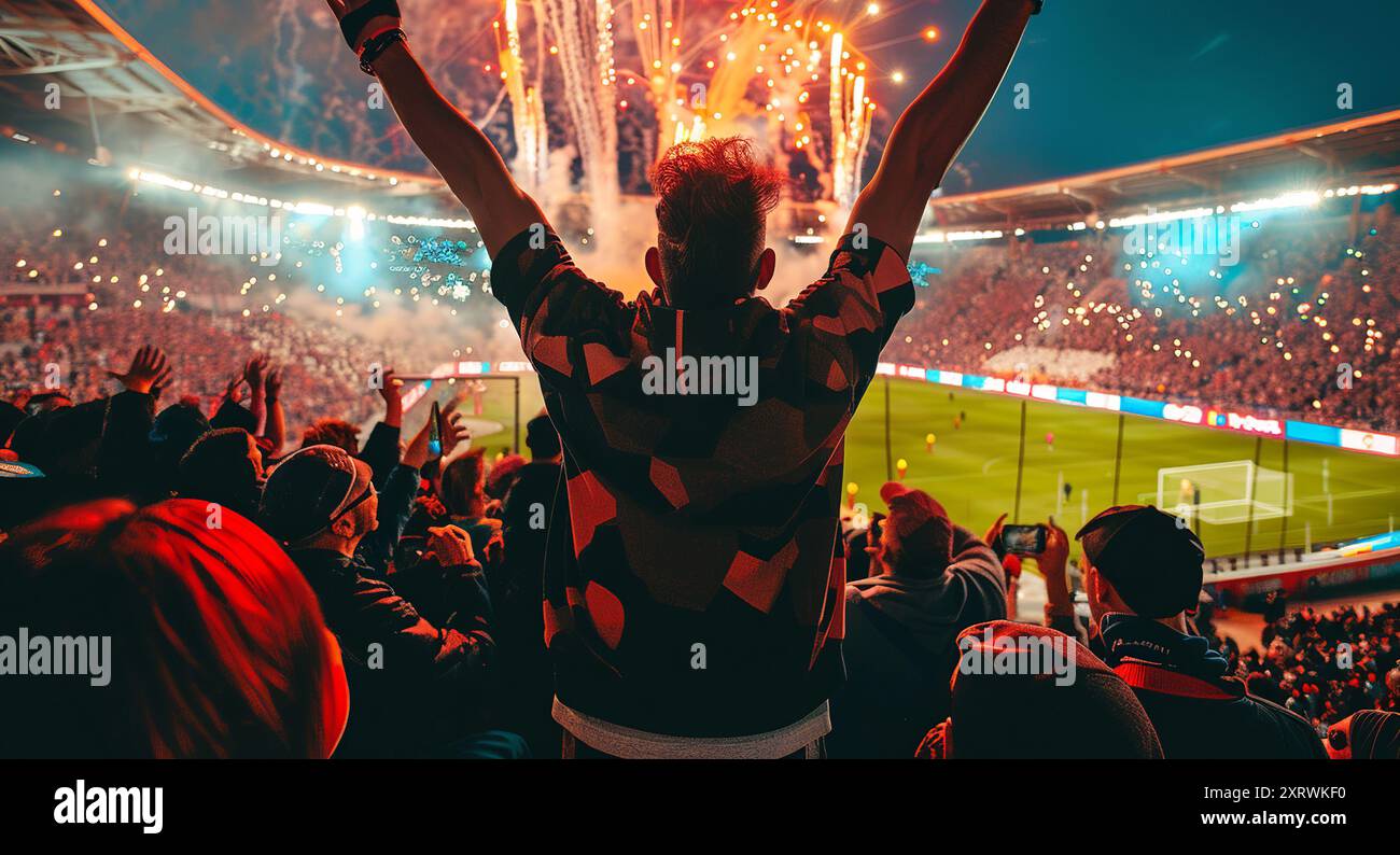 Soccer fans at stadium. Crowd of sports fans cheering during a match in ...