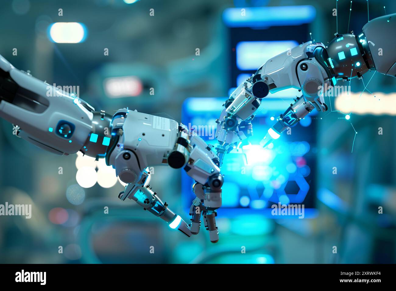 Robotic arm moves gracefully, sparks fly, concept modern machinery in ...