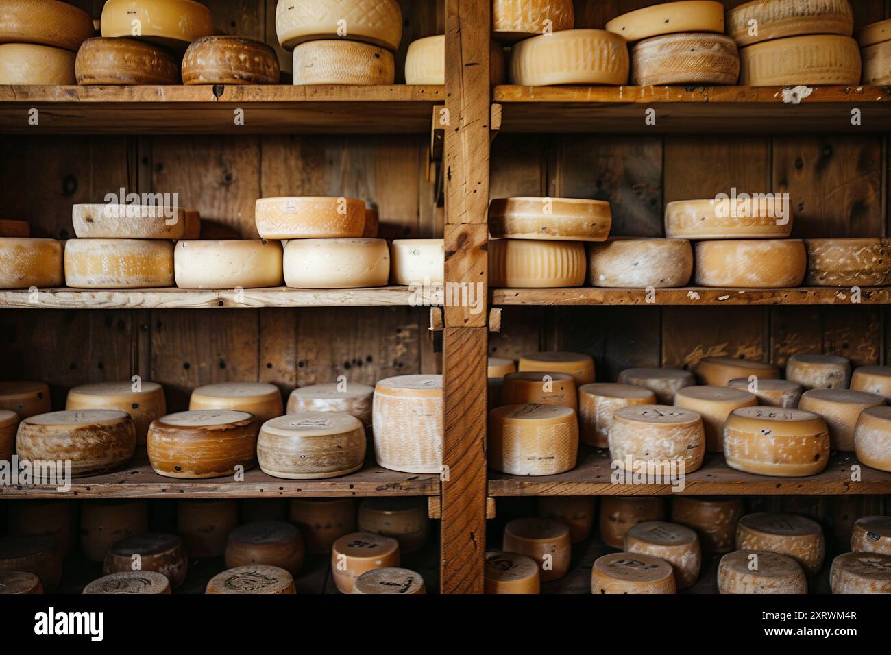 Beautiful cheese heads are stored on wooden shelves, in warehouse. View ...