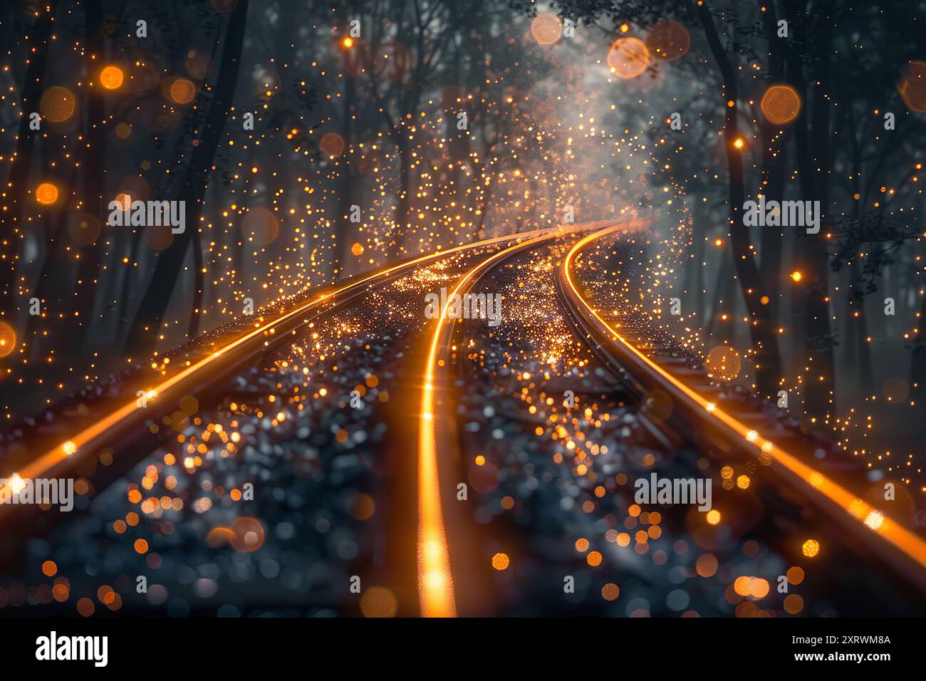 Glowing dynamic gold lines over black background, streaming energy ...