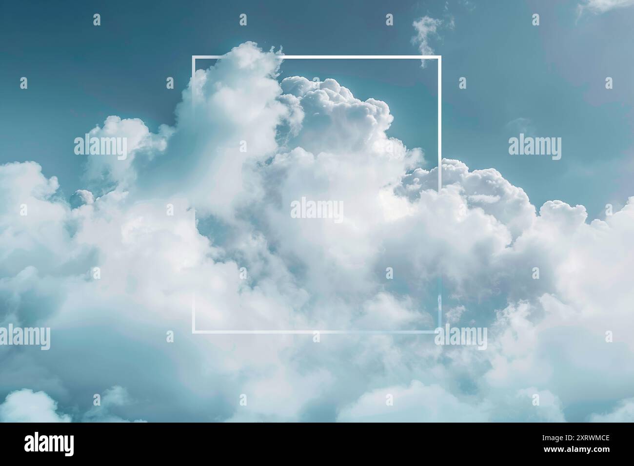 Blue neon light geometric square shape frame with stormy clouds ...