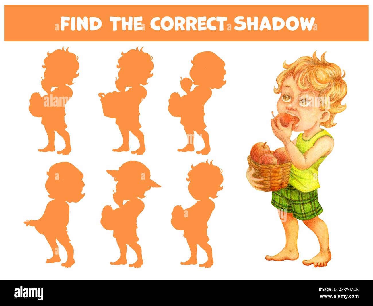 Find the correct shadow of cute boy biting big apple. Harvest festival ...
