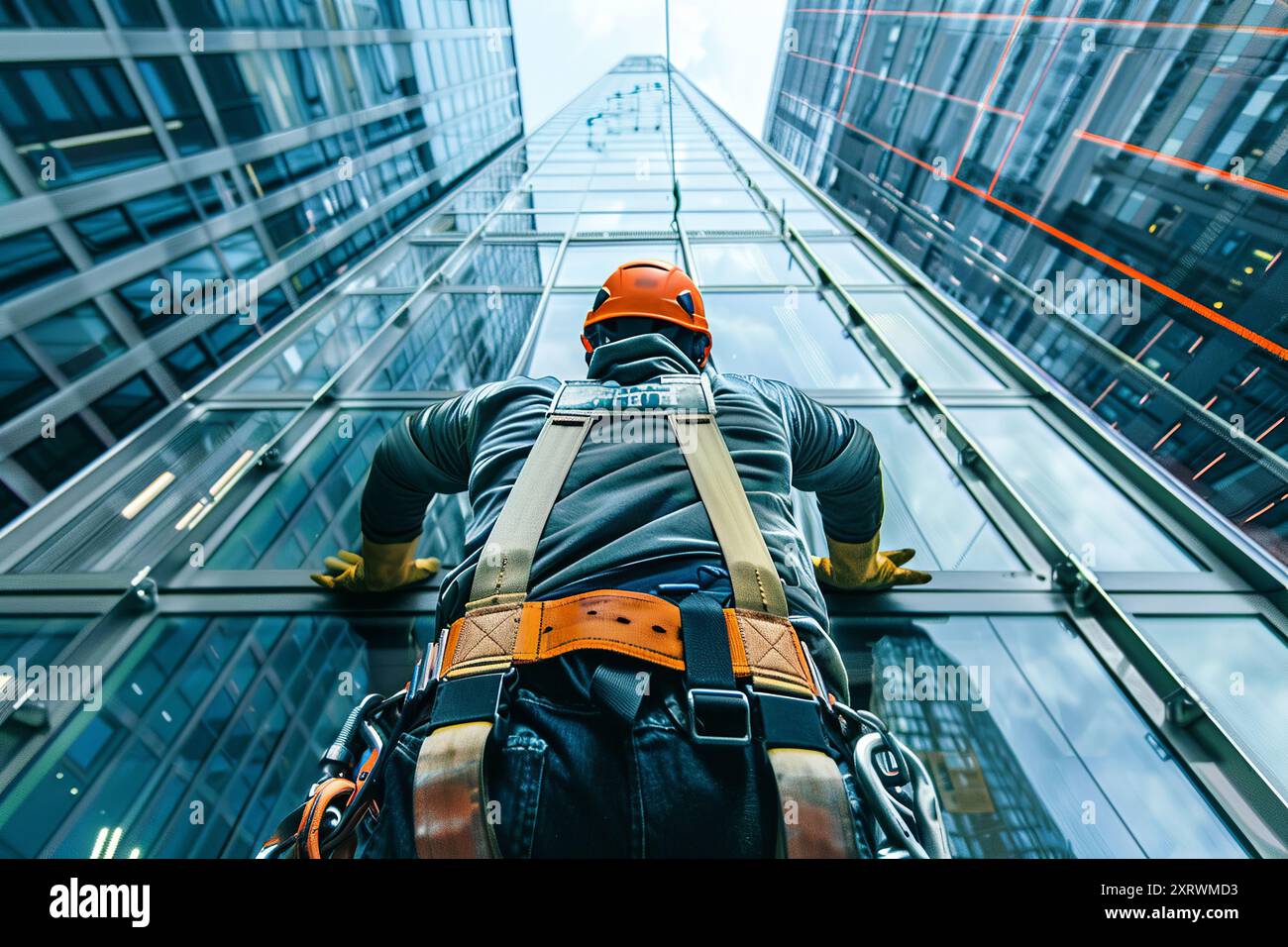 Glass building wall with window washer descending the facade. A male ...