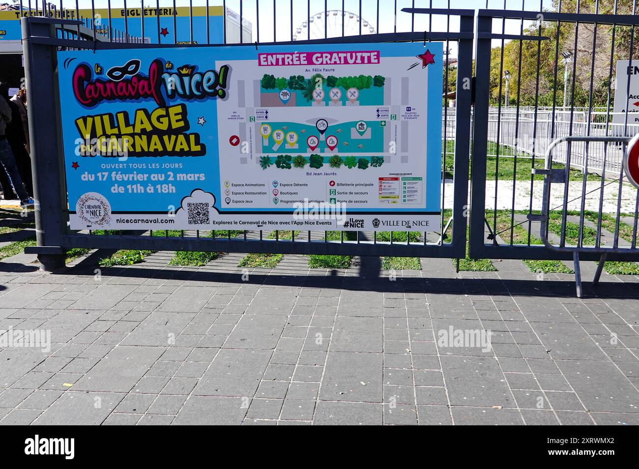 Entry sign at ticket booths for the free Village du Carnival, Nice ...