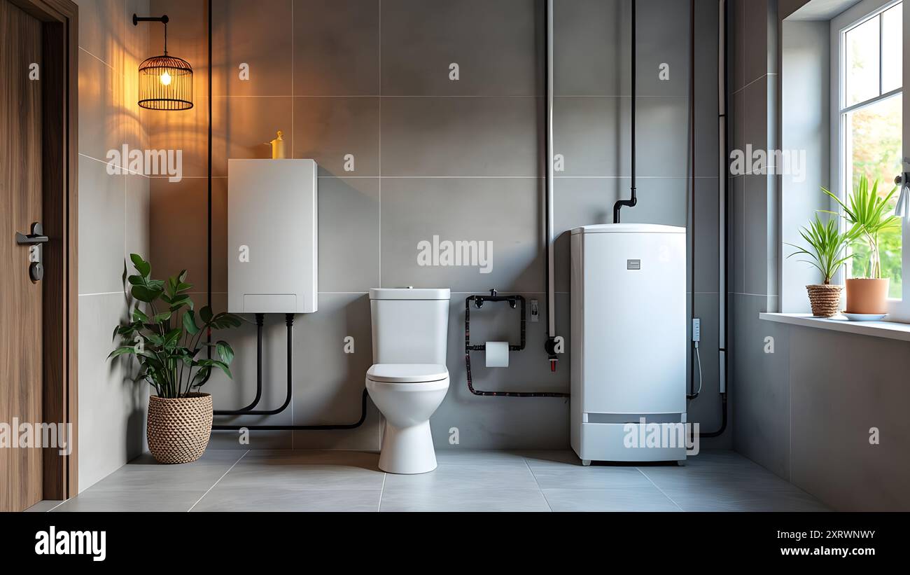 Modern tanked boiler in bathroom. Household smart water heater hanging ...