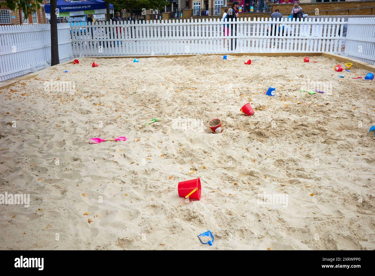 Temporary beach sand pit at the market square in the town centre of ...