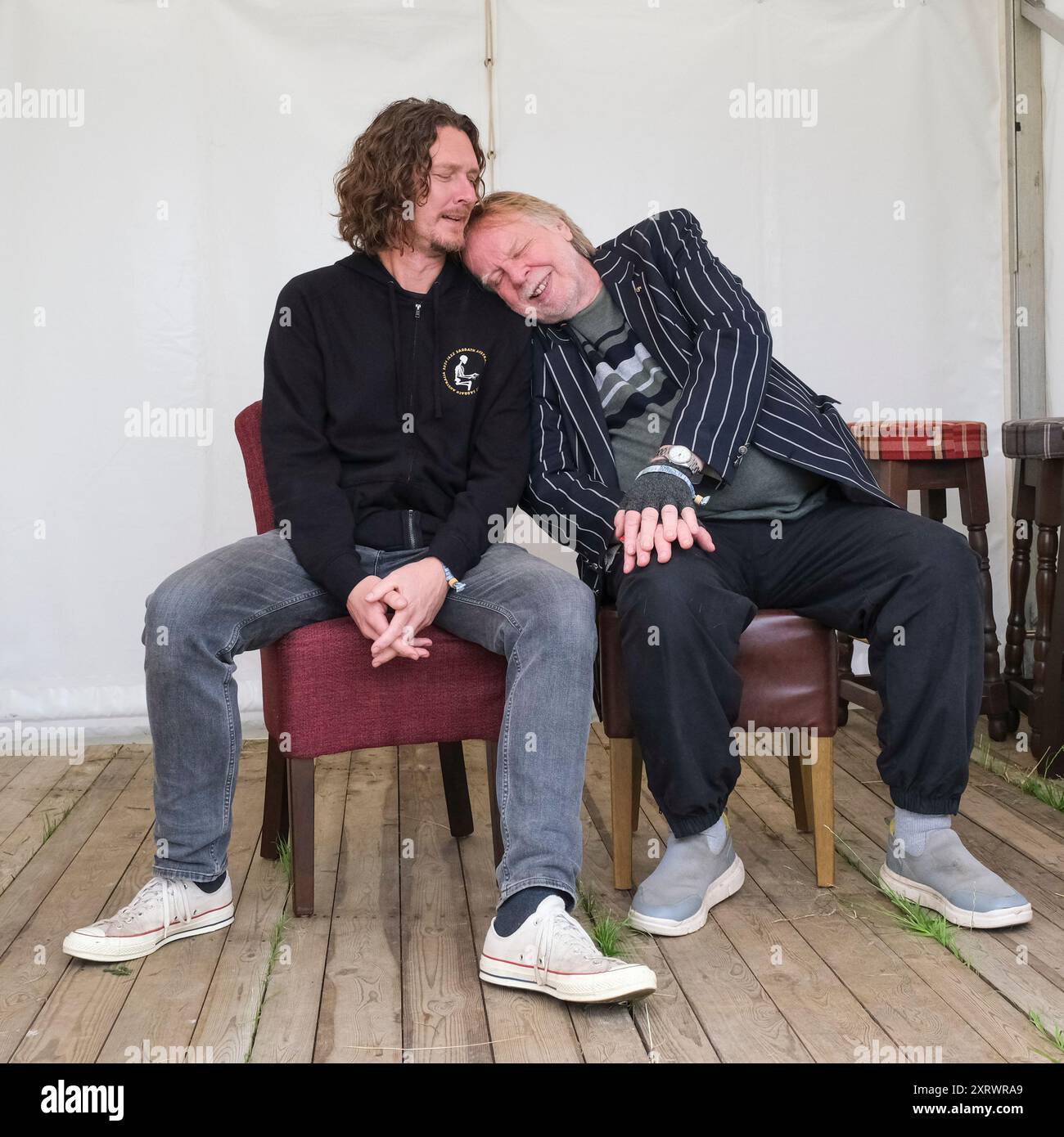 Adam Wakeman and his father Rick Wakeman pose backstage at Fairport's ...