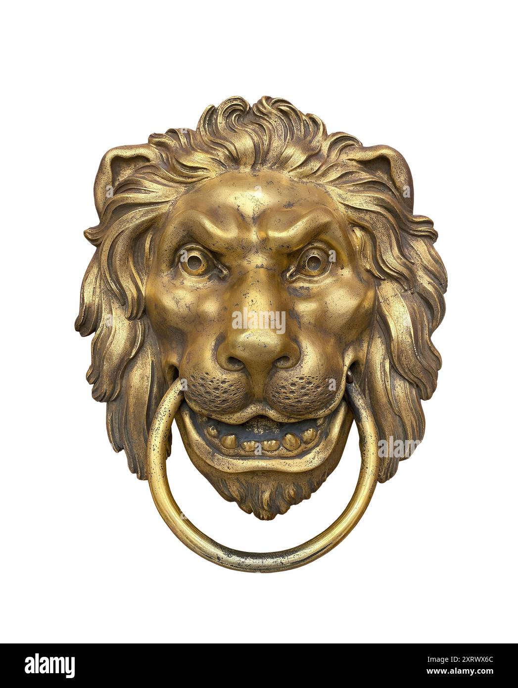 Golden lion head door knocker isolatd on white background with clipping ...