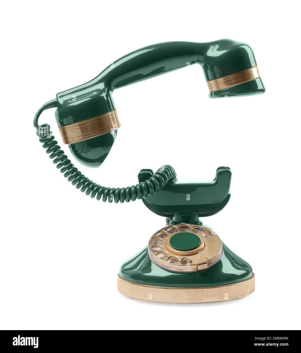 Green vintage corded telephone isolated on white Stock Photo - Alamy