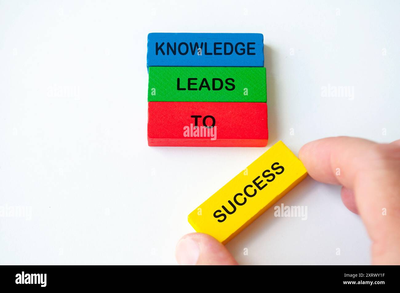 Knowledge leads to success text on multicolored wooden blocks on white ...