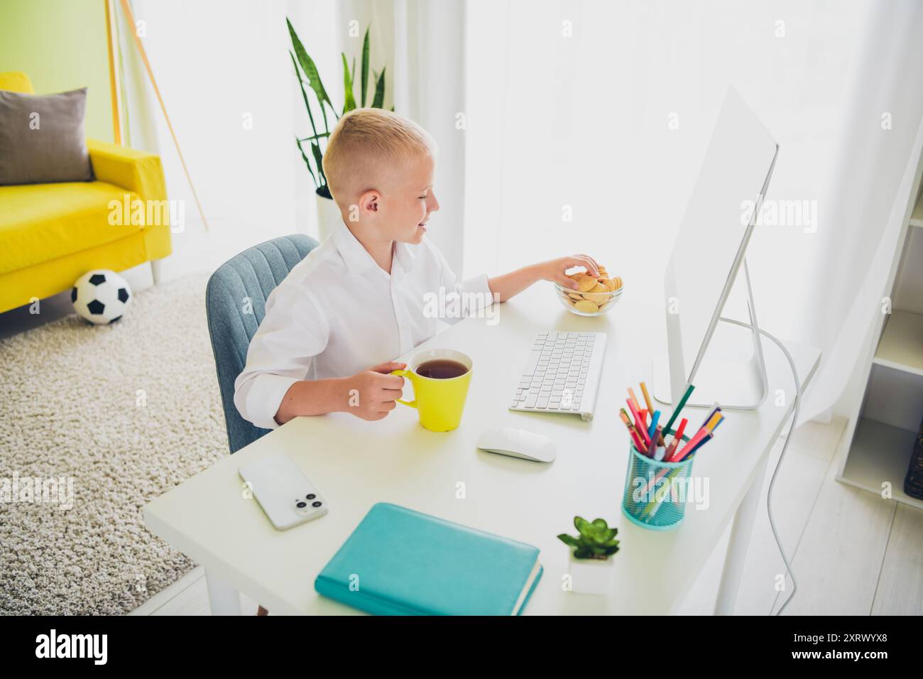 Photo of charming cheerful boy learner study from home relax rest ...