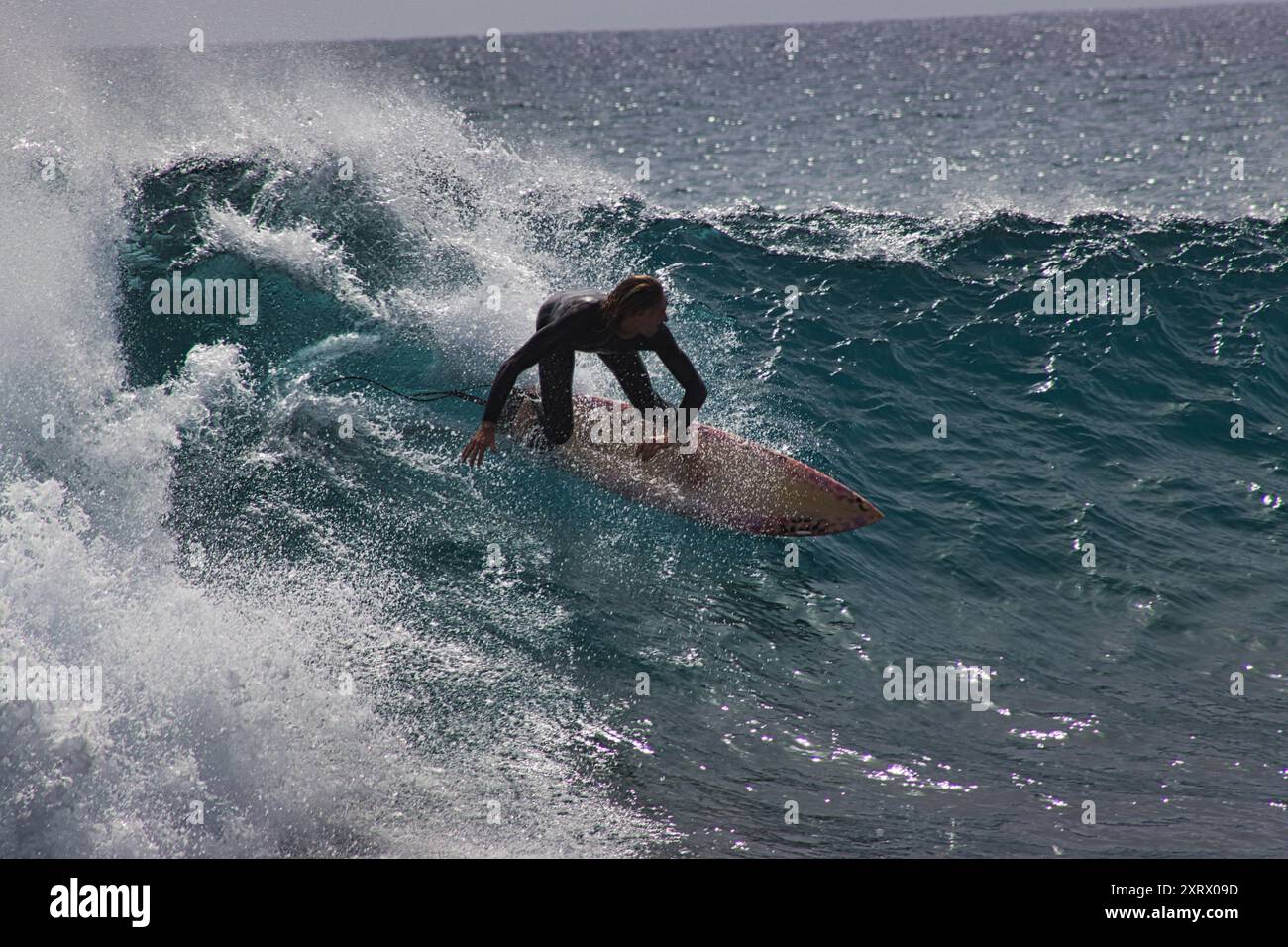 Surfer in the sun riding a hugh wave Stock Photo - Alamy
