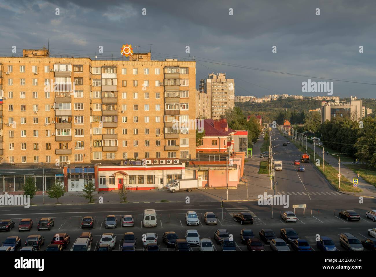 The old building with the Soviet Army logo with the evening view of ...