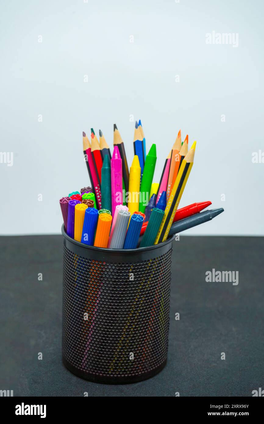 Office Supplies Pen Holder with Crayons, Pens, Pencil, Colors ...