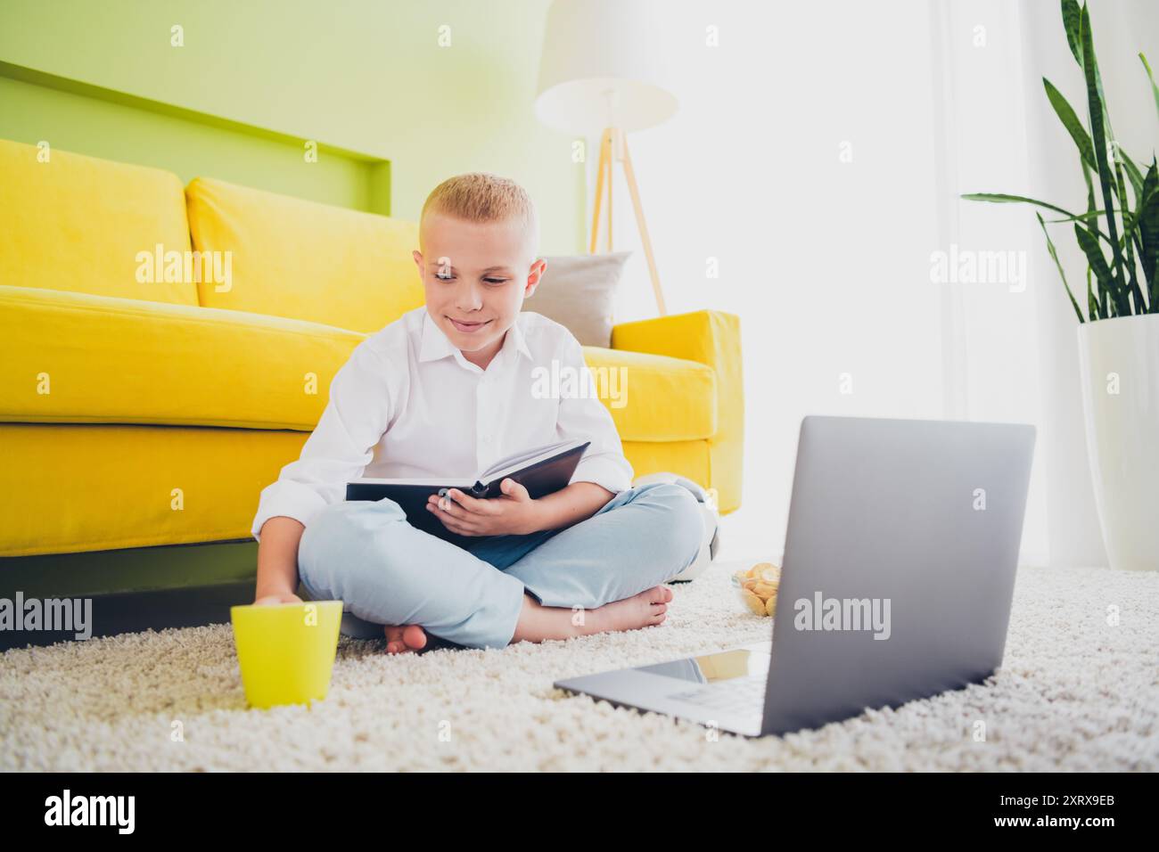 Full size photo of small cute son pupil sit floor drink tea do homework ...
