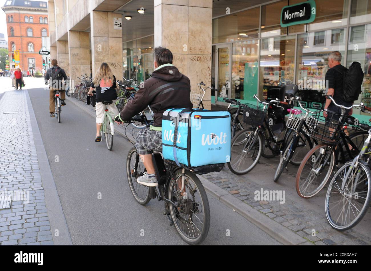 Copenhagen Denmark/12 August 2024/. Wolt partner food delivery biker in ...