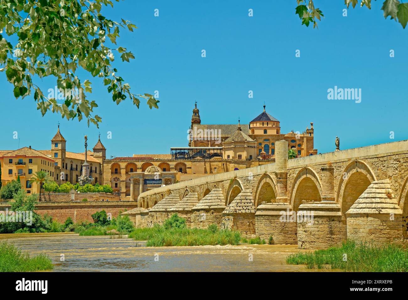 The Roman Bridge and former mosque, now a Cathedral, at Cordoba, Spain ...