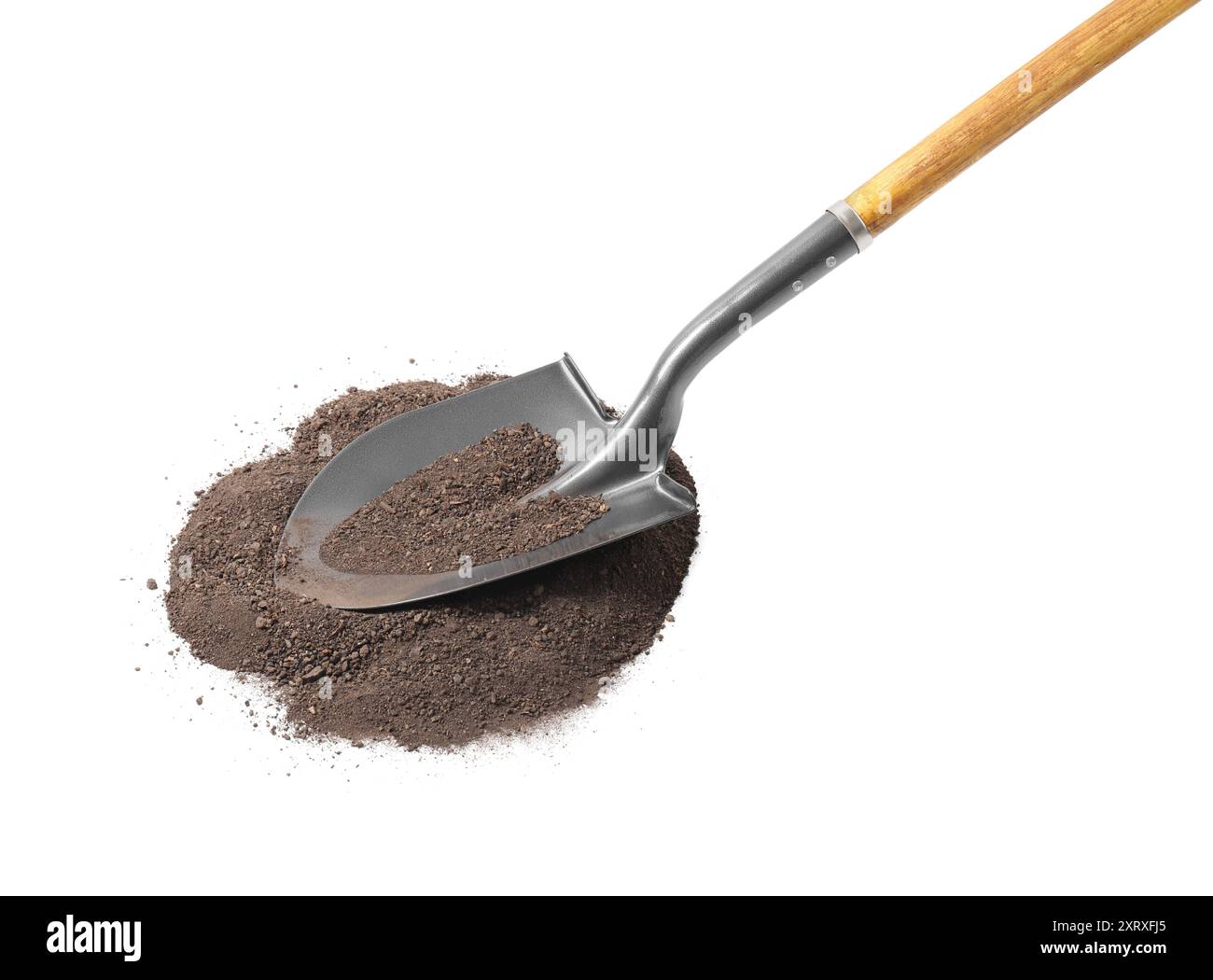 Metal shovel with wooden handle and pile of soil isolated on white ...