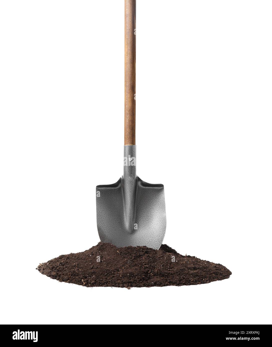 Metal shovel with wooden handle and pile of soil isolated on white ...